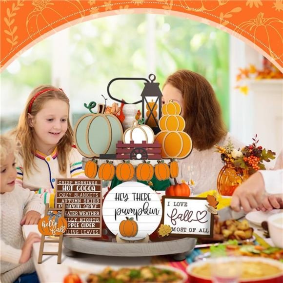 Holiday | 1 Set Fall Tiered Tray Decor Set Autumn Pumpkin Leaves Rustic ...